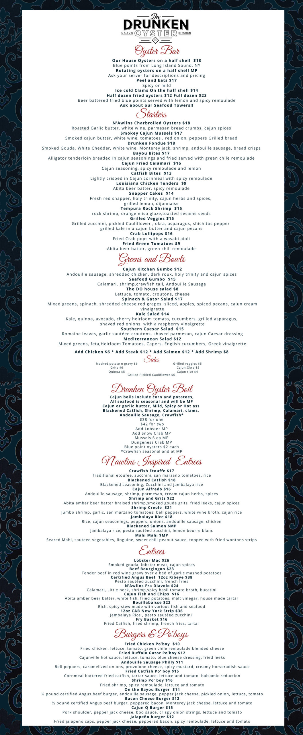 Menu | The Drunken Oyster